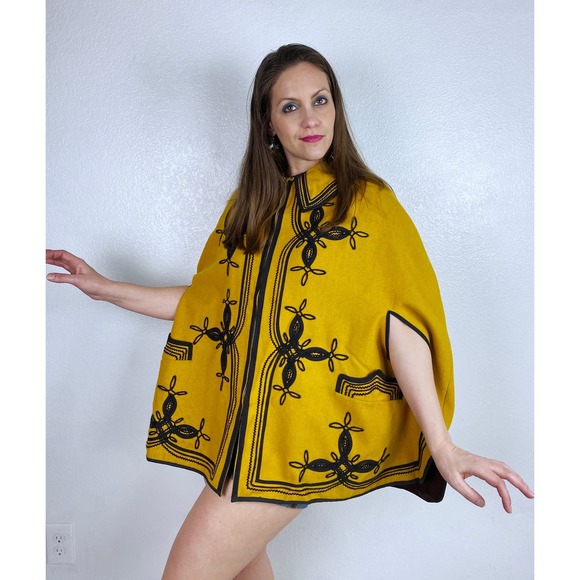 Vintage | Jackets & Coats | Vintage 6s Golden Yellow Folk Cape Os Wool ...